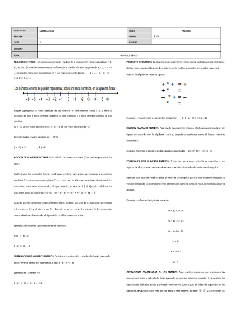 Operaciones con Números Enteros | PDF | Sustracción | Entero