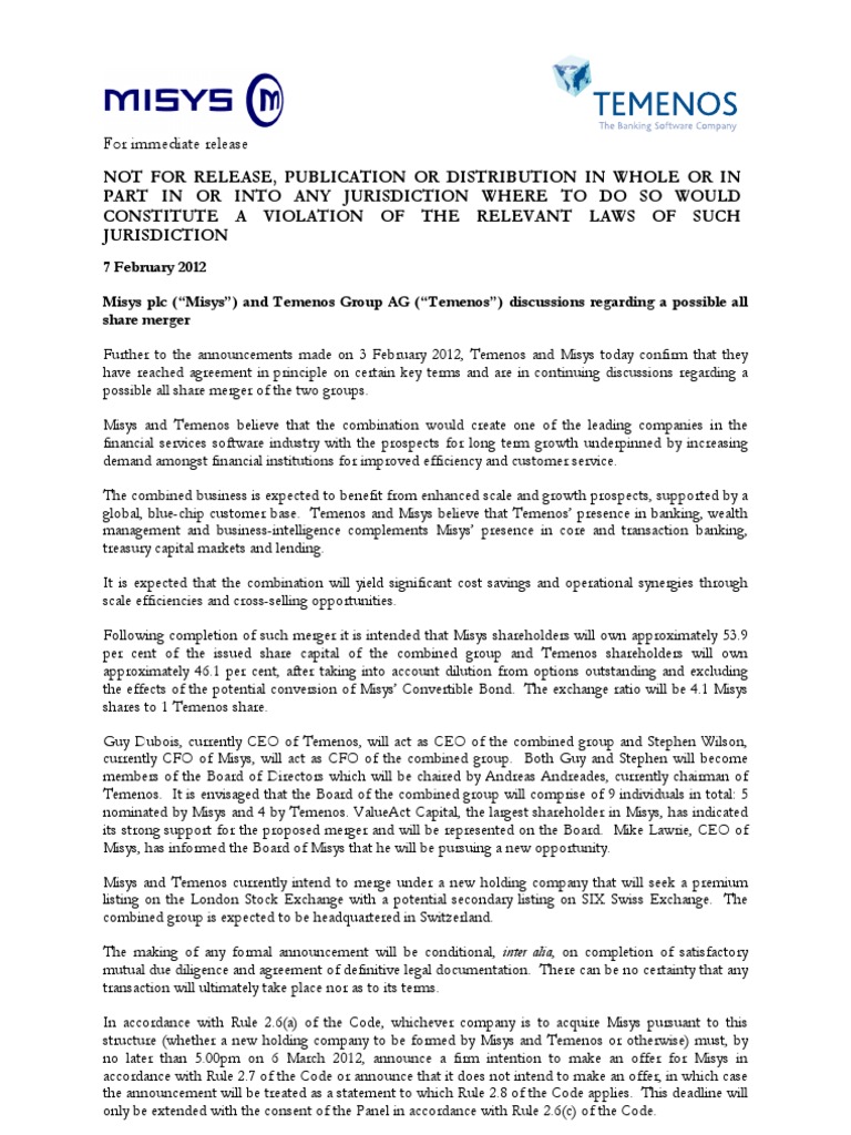 Misys and Temenos Merger Announcement | PDF | Mergers And Acquisitions | Board Of Directors