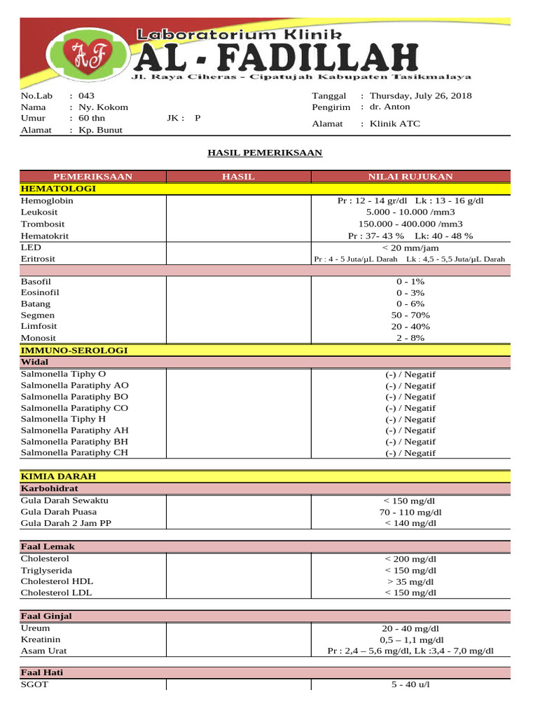 Form Hasil Pemeriksaan Lab | PDF