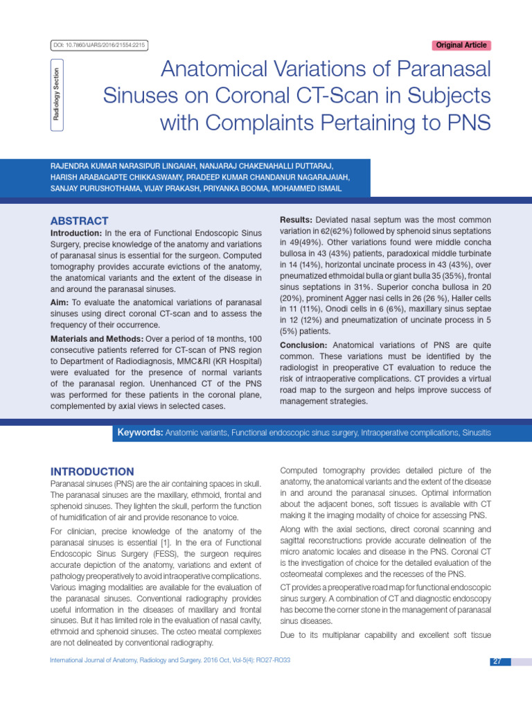 Anatomical Variations of Paranasal Sinuses on Coronal CT-Scan in ...