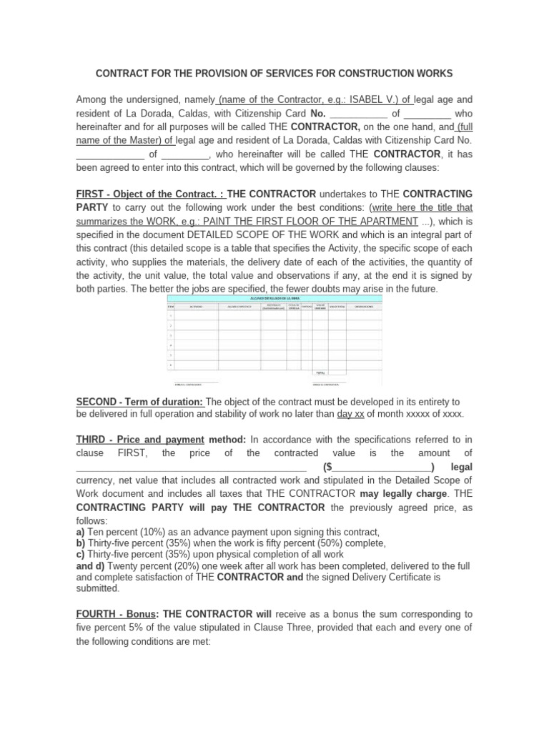 Contract For The Provision of Services For Construction Work | PDF ...