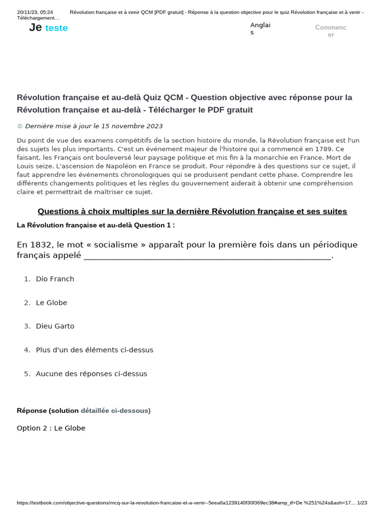 QCM Révolution française : Quiz et réponses | PDF | Napoléon | France
