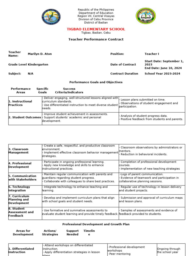 Teacher Performance Contract 2023-2024 | PDF | Mentorship ...
