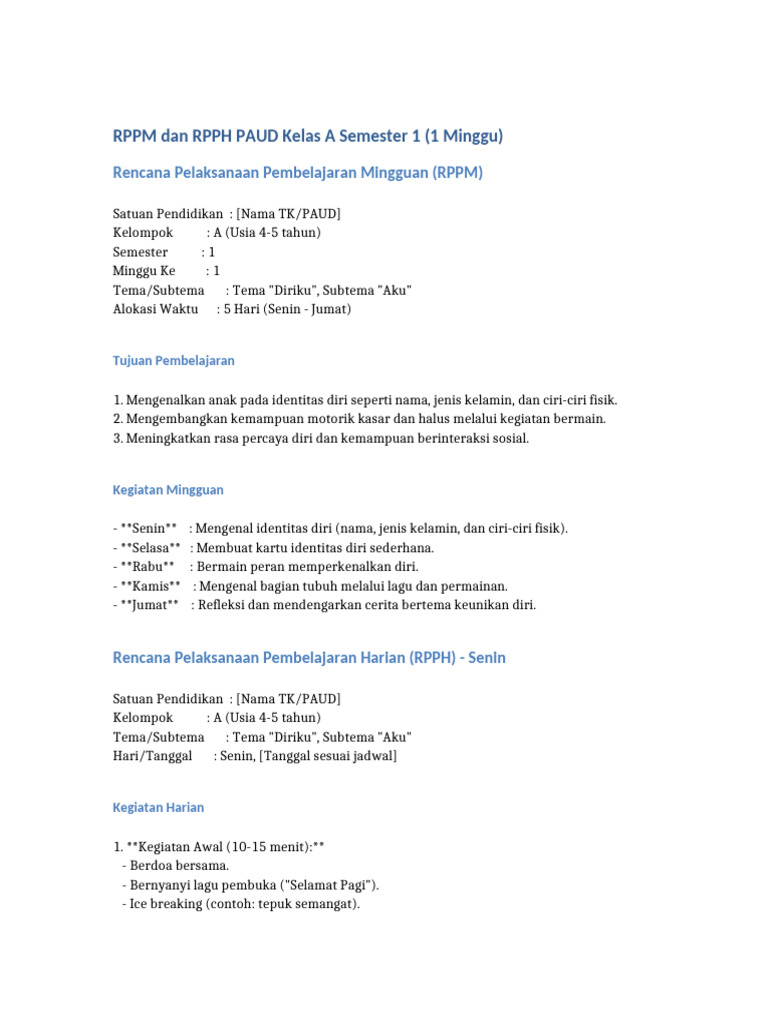 RPPH Tema "Diriku" Kelas A Semester 1 | PDF