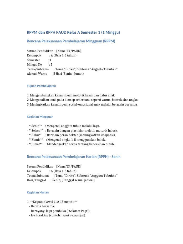 RPPM RPPH PAUD Kelas A Semester 1 Lengkap 1 Minggu | PDF