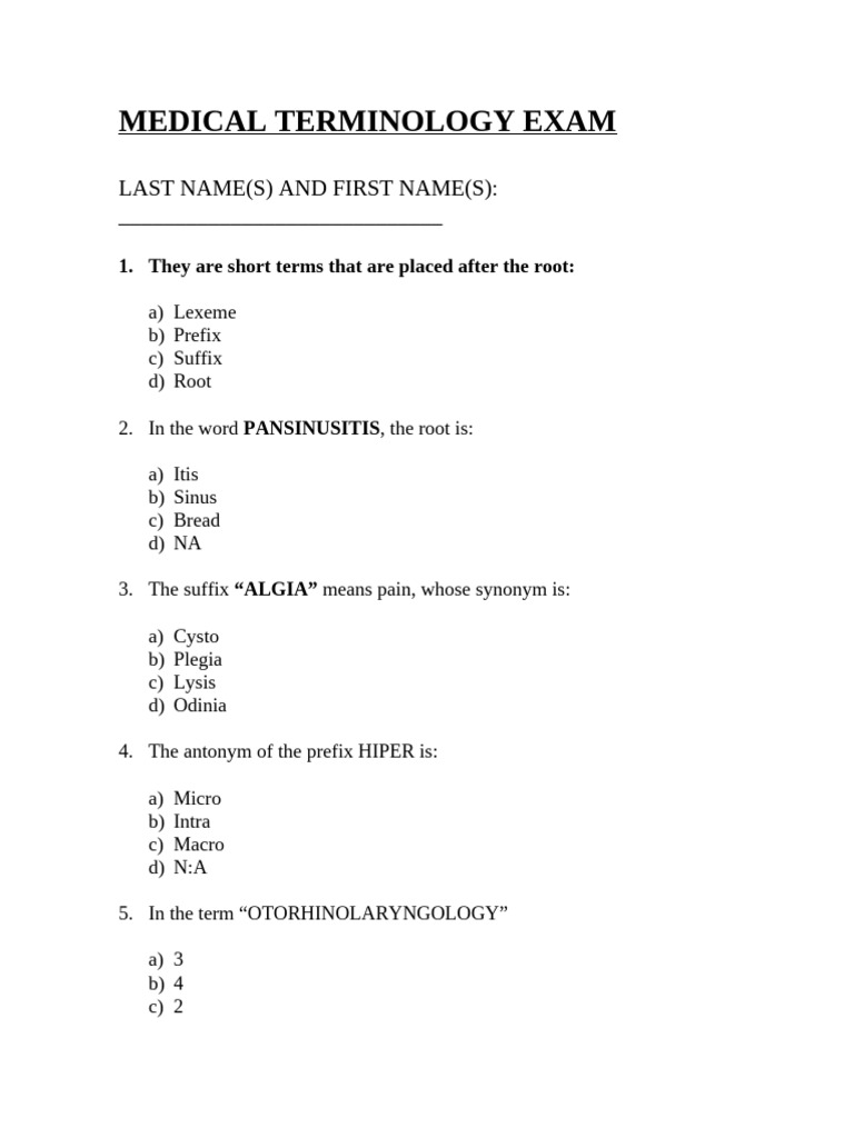 MEDICAL TERMINOLOGY EXAM (1).docx | PDF | Clinical Medicine ...