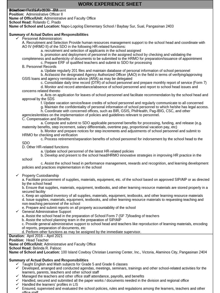 Work Experience Sheet | PDF | Teachers | Business