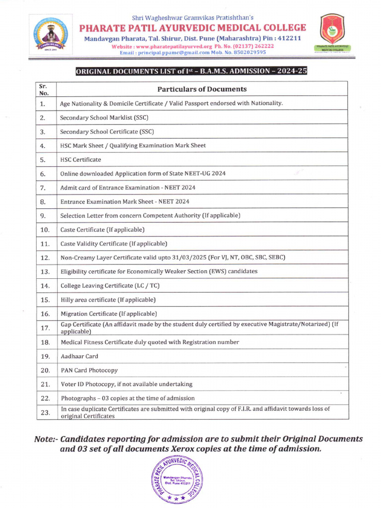 First Year Bams Admission 2024 25 Required Documents List | PDF