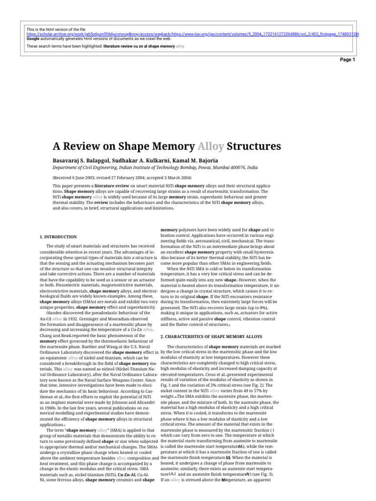 A Review On Shape Memory Alloy Structures | PDF | Shape Memory Alloy ...