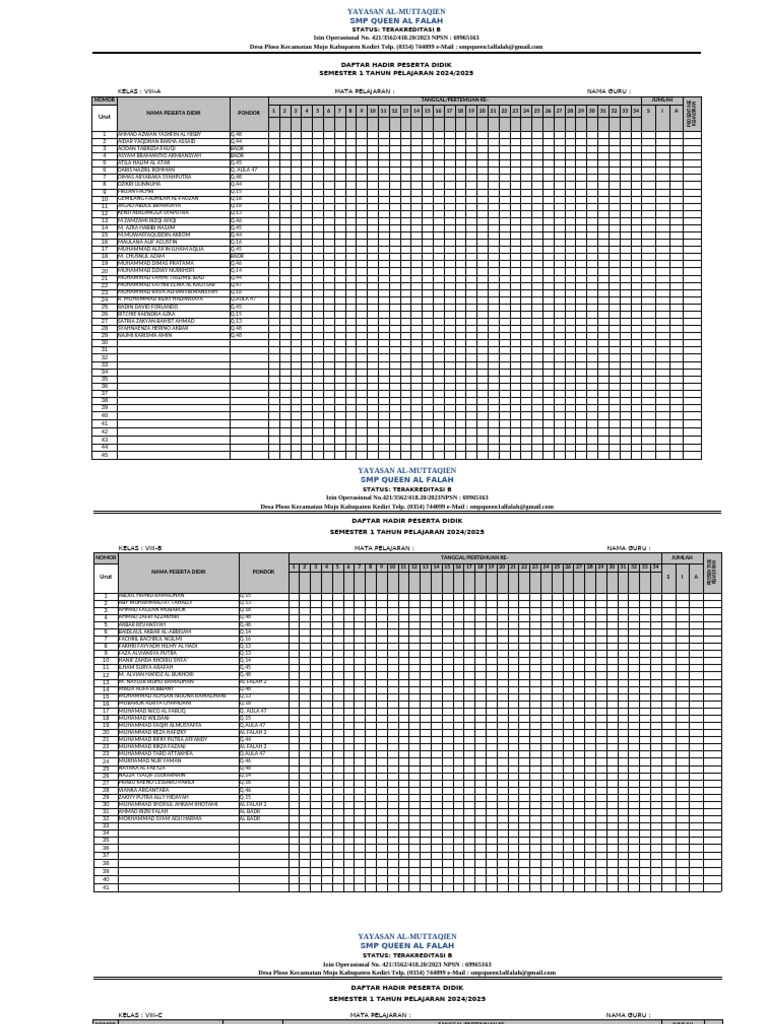 Absensi Siswa-8 TP 2024-2025 Update Per 11 Sept 2024 | PDF