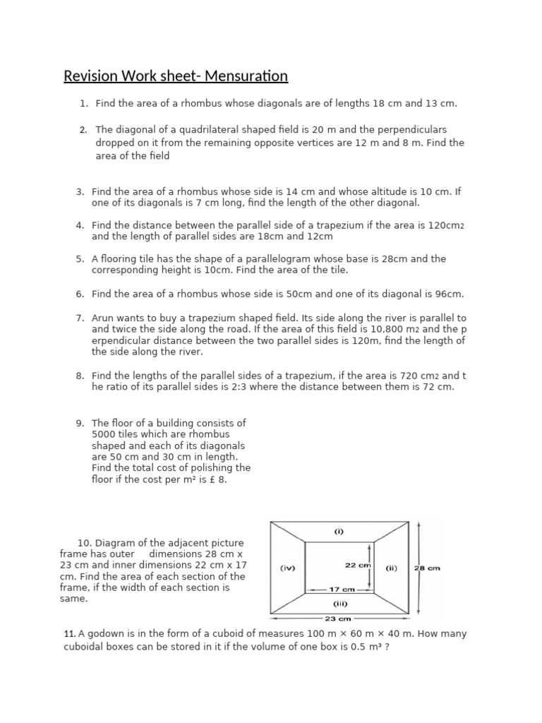 Revision Work Sheet - Mensuration | PDF | Area | Volume