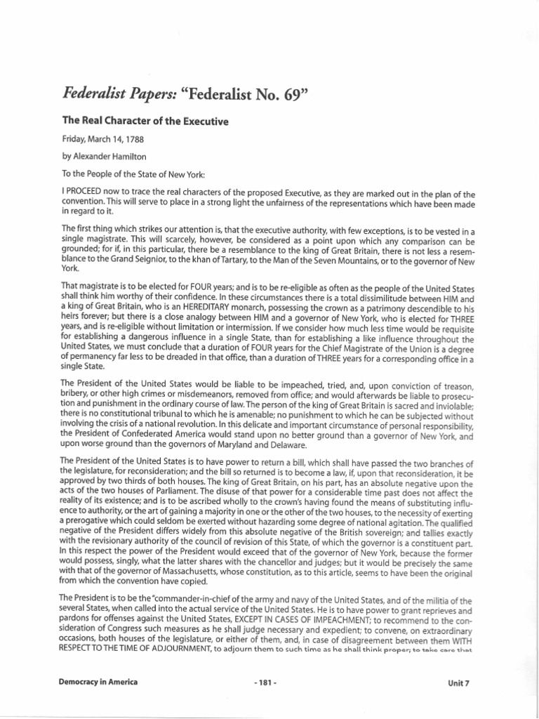 Federalist Paper 69 | PDF