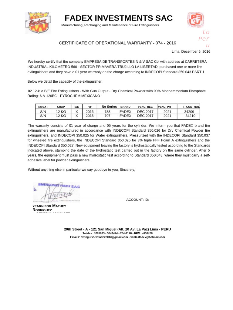 Fire Extinguisher Warranty Certificate | PDF | Equipment | Materials