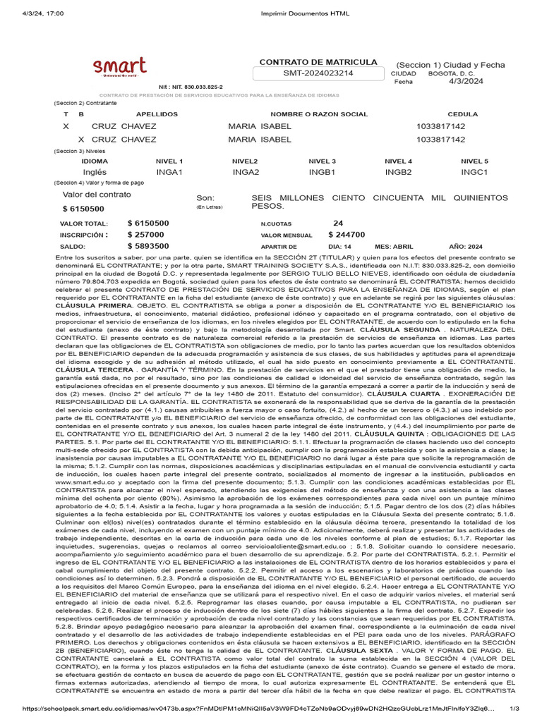 Contrato de Enseñanza de Idiomas | PDF | Pagos