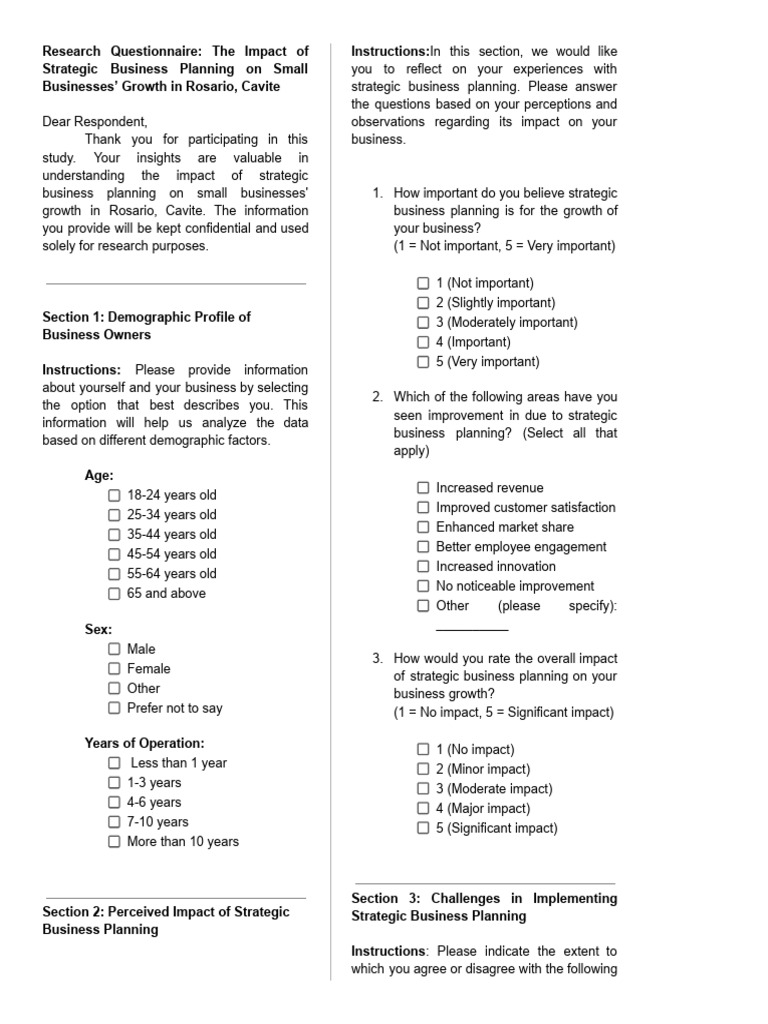 Research Questionnaire - Impact of Strategic Business Planning On Small ...