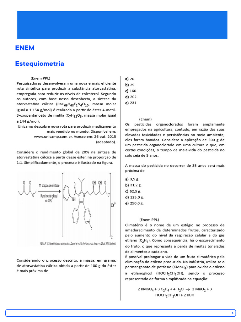 Questions Quimica Estequiometria ENEM 240614 165150-1 | PDF | Combustão | Ácido sulfúrico