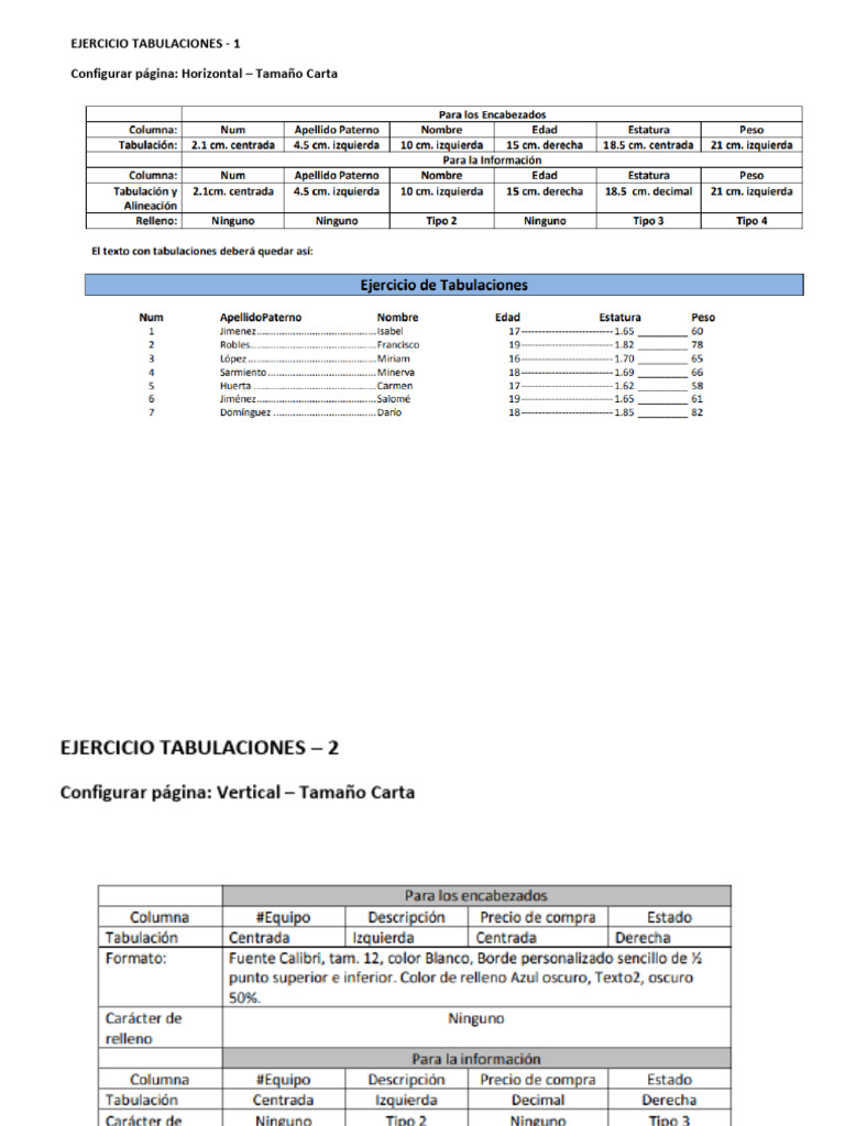 Ejercicios de Tabulaciones en Word | PDF