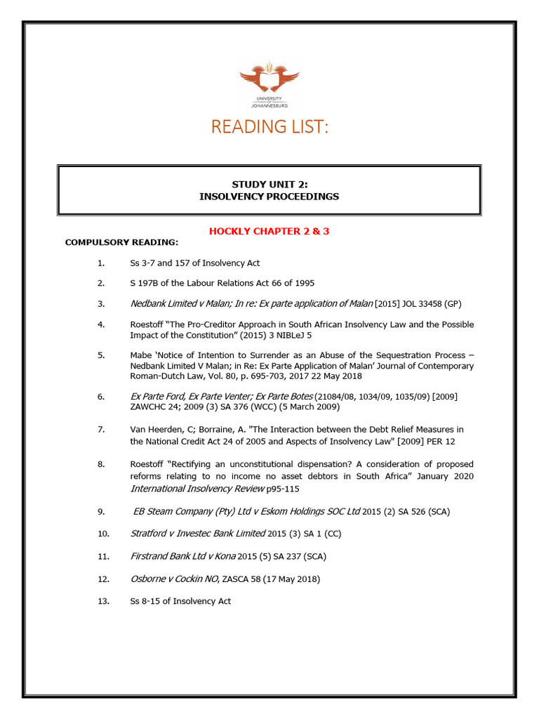 READING LIST STUDY UNIT 2 2023 | PDF