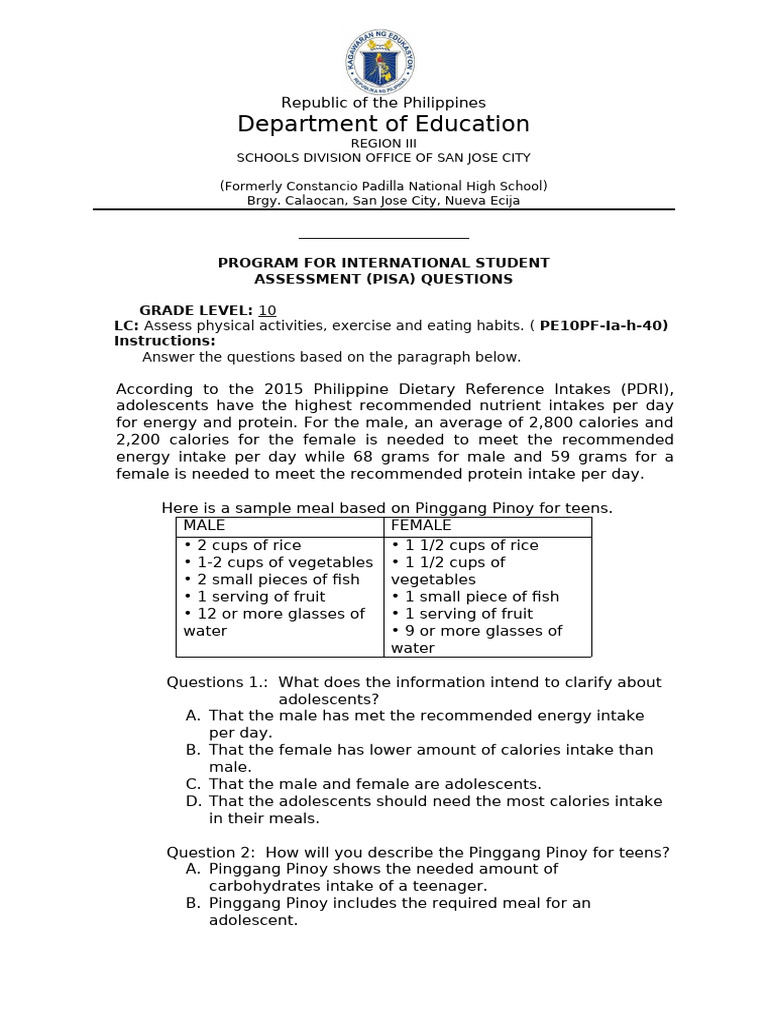Pisa Sample Questions Week 2 | PDF | Calorie | Nutrition