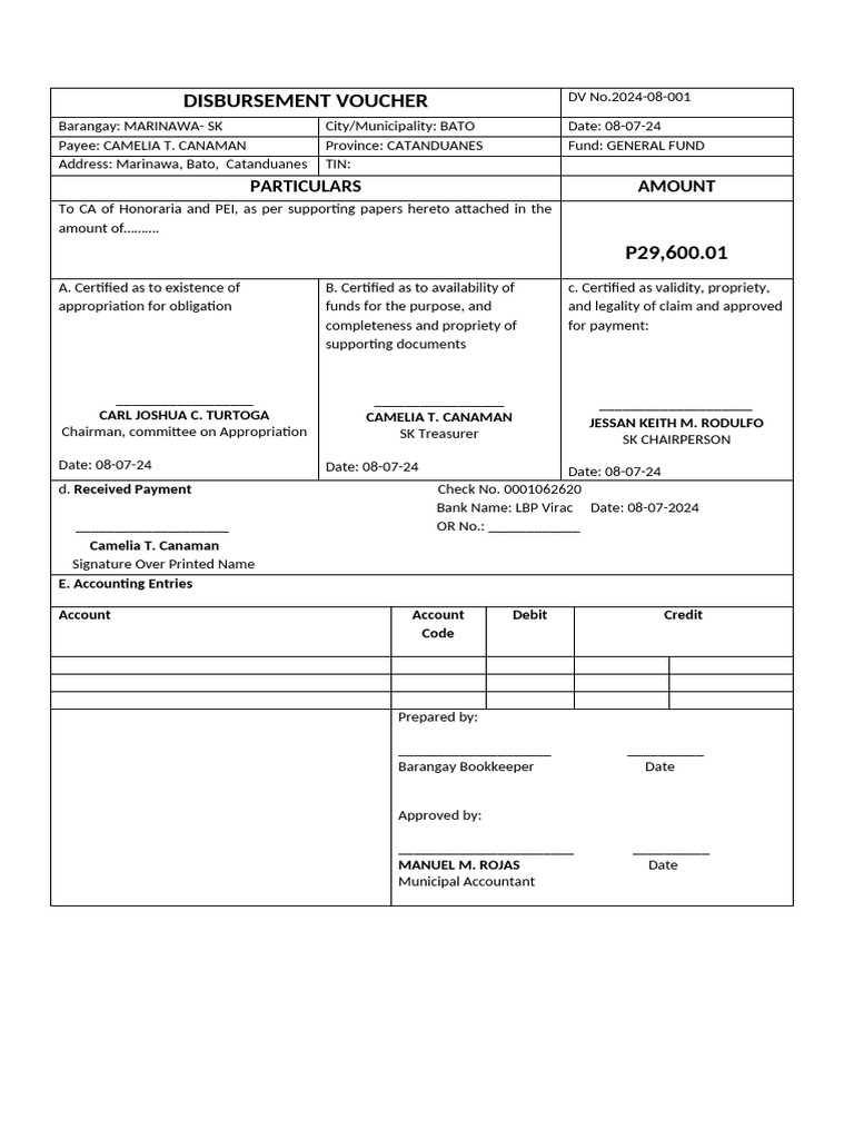 Disbursement Voucher 2024 Final | PDF | Payments | Bookkeeping