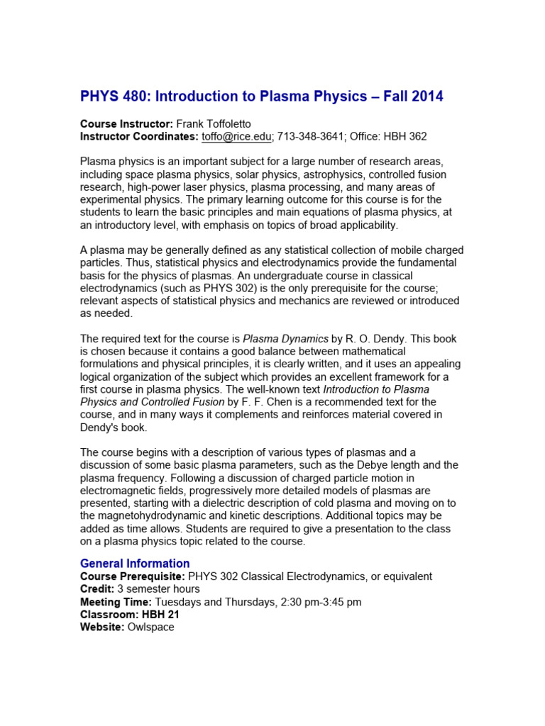 Syllabus 201510 10269 | PDF | Plasma (Physics) | Magnetohydrodynamics