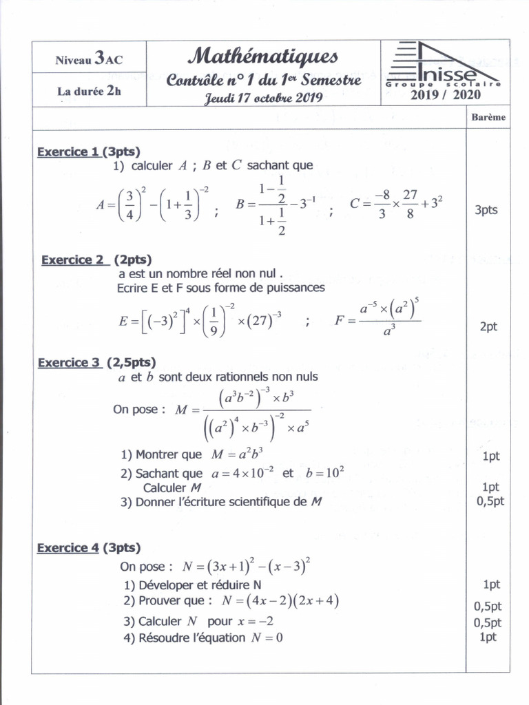 Devoir 1 Modele 1 Mathematiques 3ac Semestre 1 | PDF