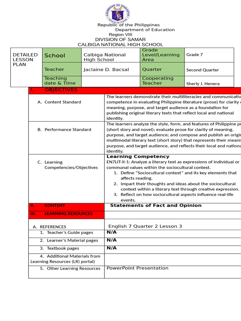 Grade 7 Lesson Plan on Philippine Literature | PDF | Human ...