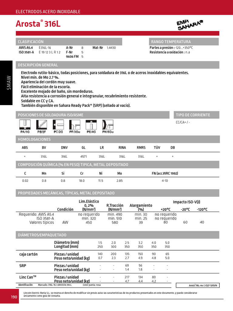 Ficha Técnica - Soldadura 316 L | PDF | Procesos industriales | Materiales