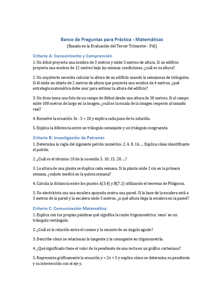 Banco Preguntas Matematicas | PDF | Trigonometría | Pendiente