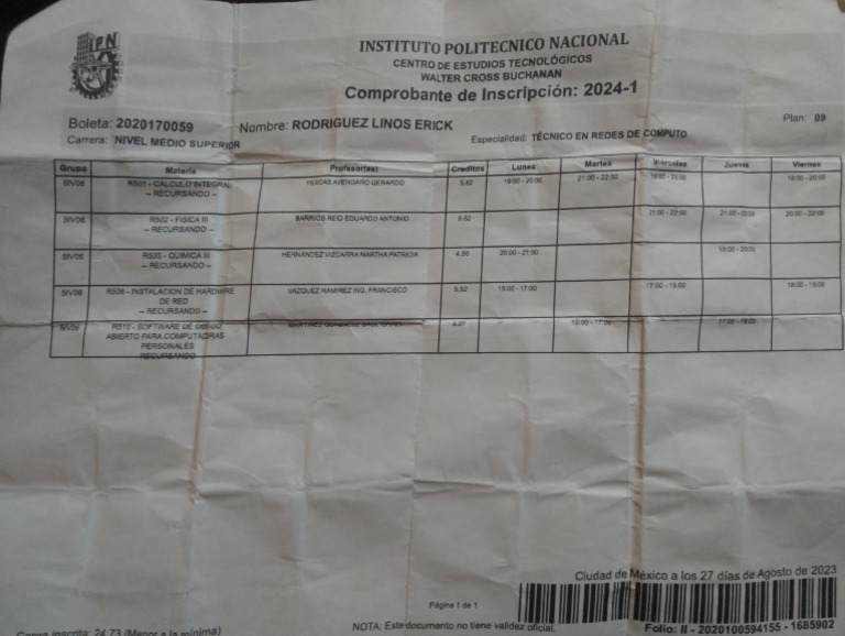 Comprobante de Inscripción Erick | PDF