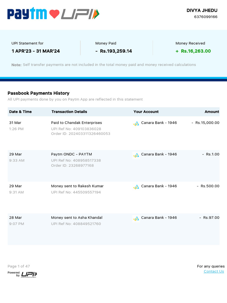 Paytm UPI Statement 01 Apr'23 - 31 Mar'24 | PDF | Financial Services | Payments