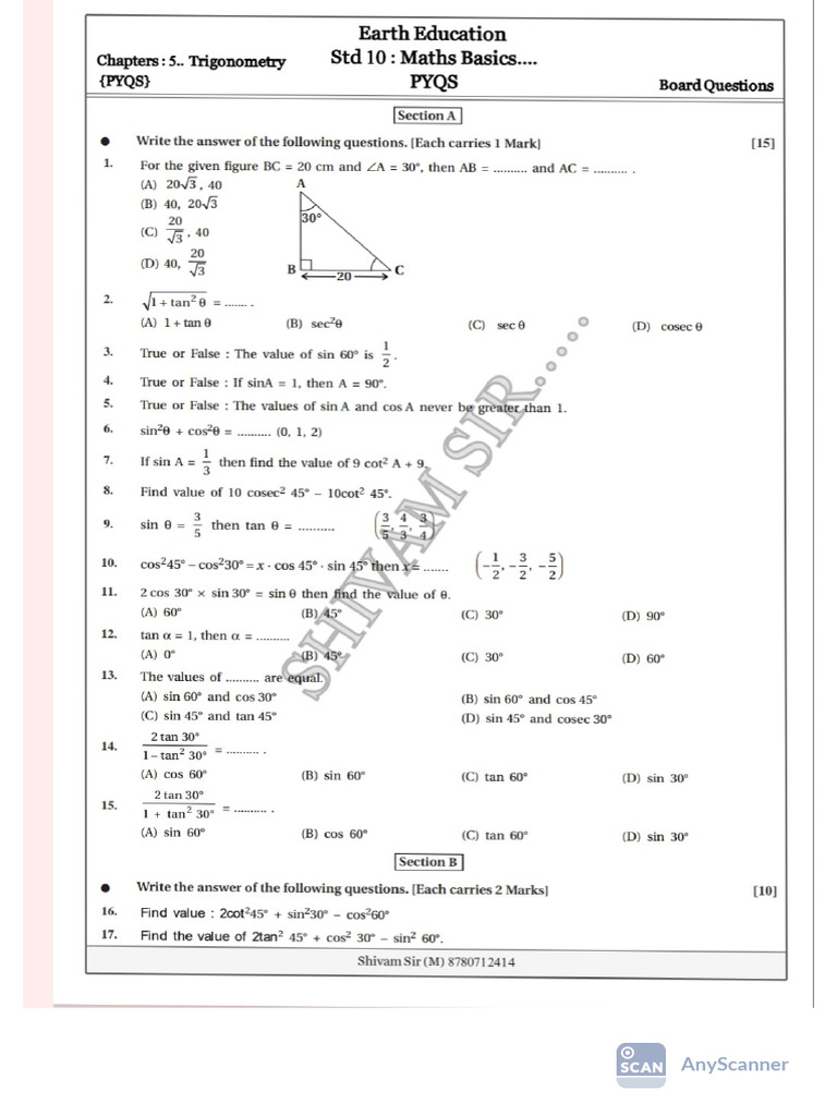 Trigonometry Class 10 | PDF