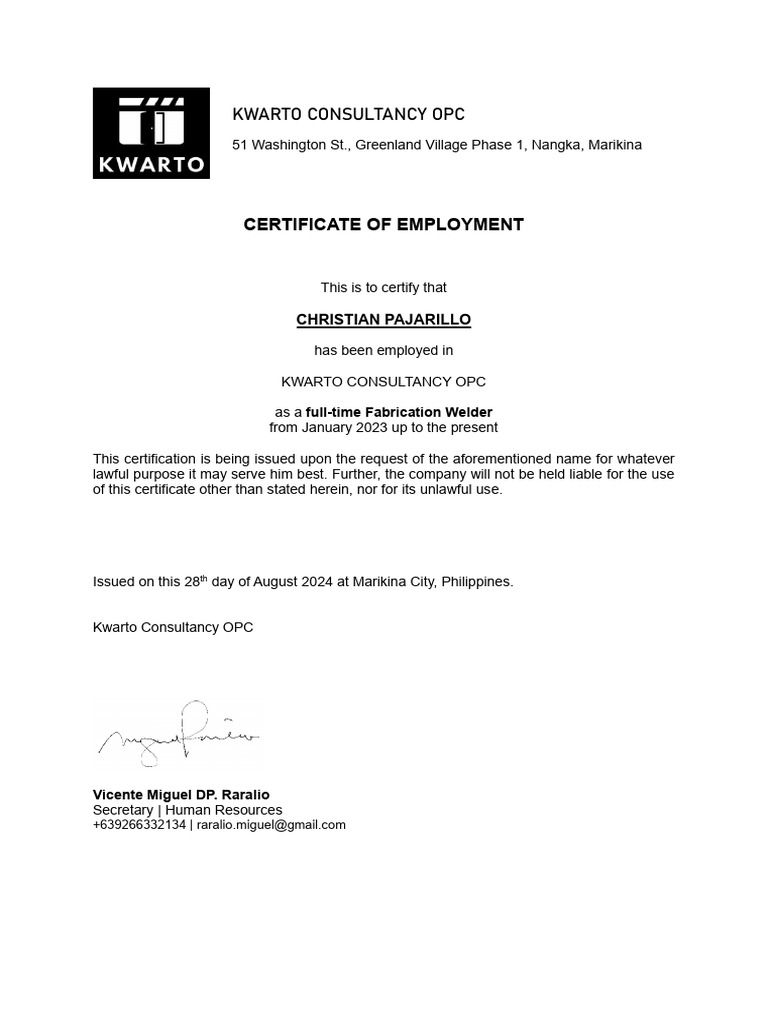 Kwarto Consultancy Opc: Certificate of Employment | PDF