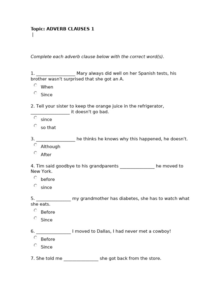 Adverb Clauses: Fill-in Exercises | PDF
