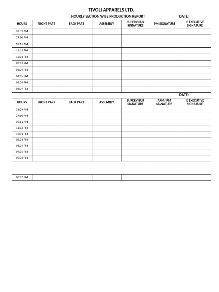 Hourly Production Report Tivoli | PDF