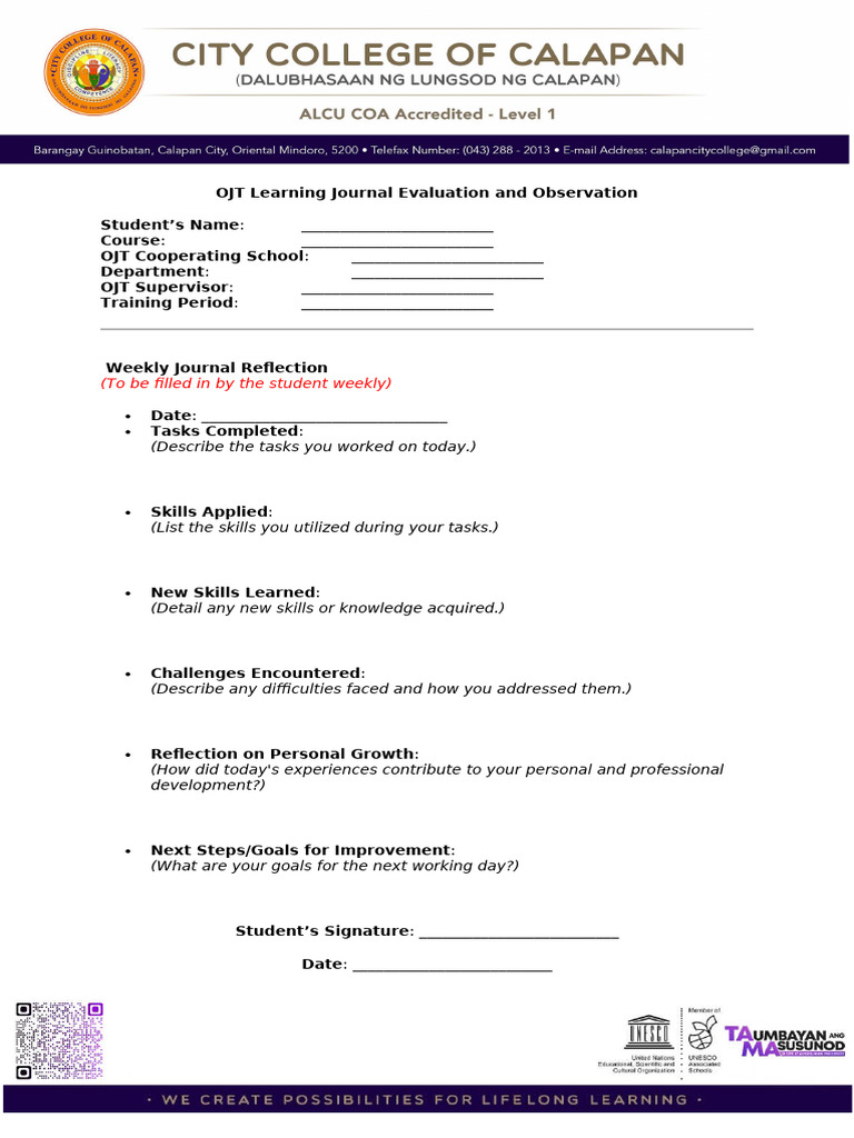 OJT Learning Journal Template | PDF