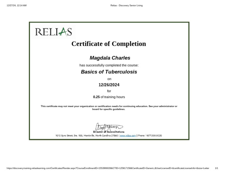 Completion Certificate for Tuberculosis Course | PDF