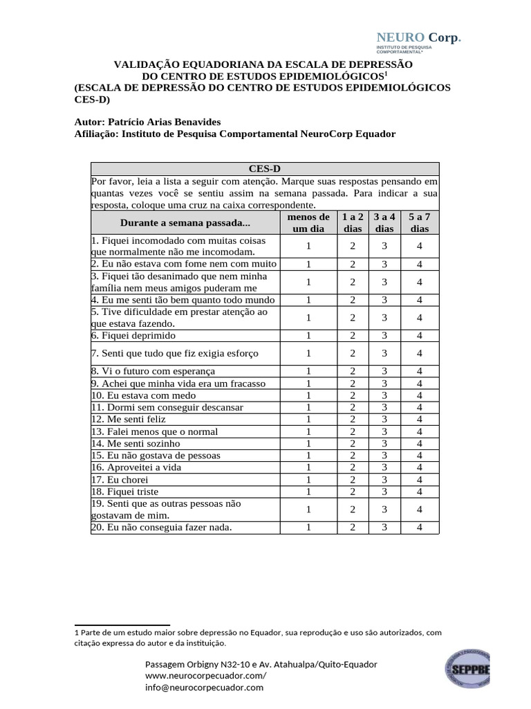 Escala de Depressão CES-D PDF | PDF | Depressão