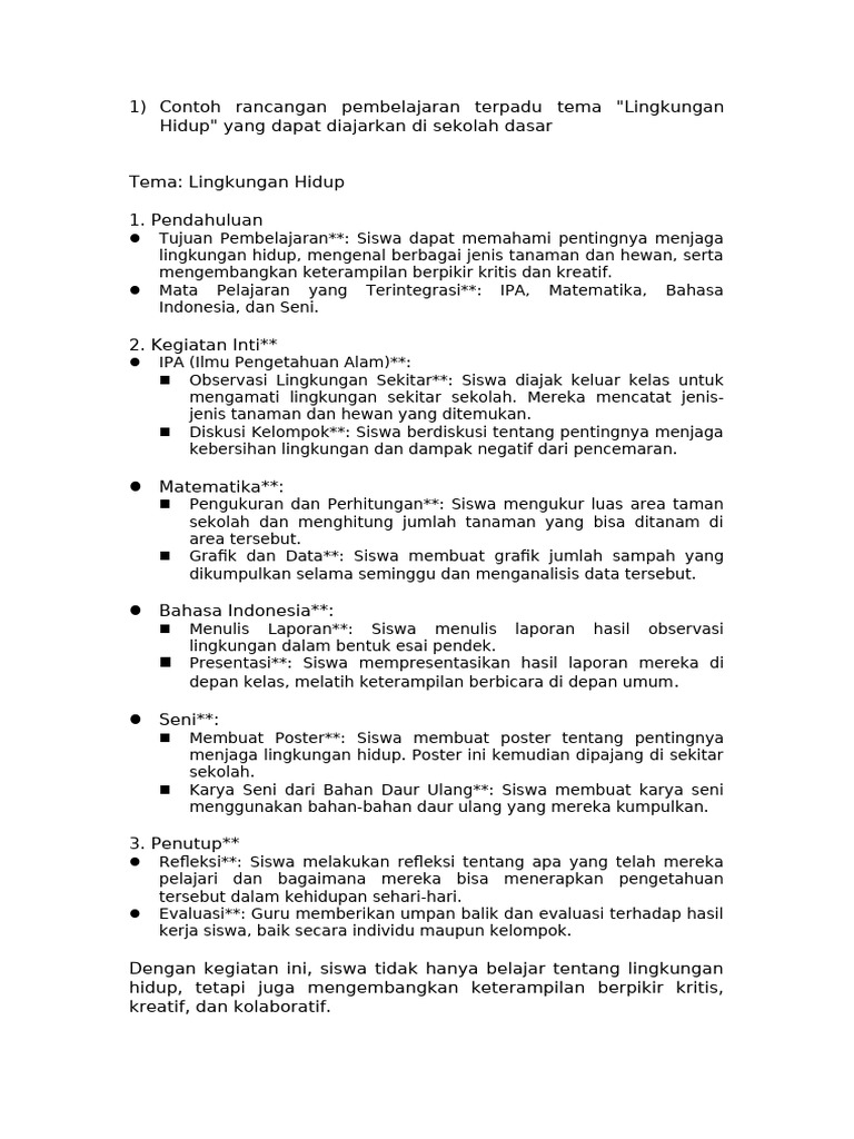 Contoh Rancangan Pembelajaran Terpadu Tema PPTB Ok | PDF