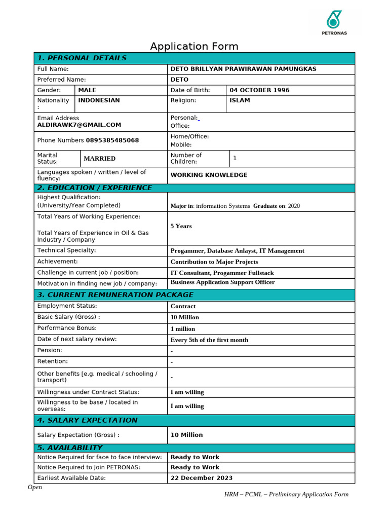 Preliminary Application Form Deto | PDF | Salary | Business