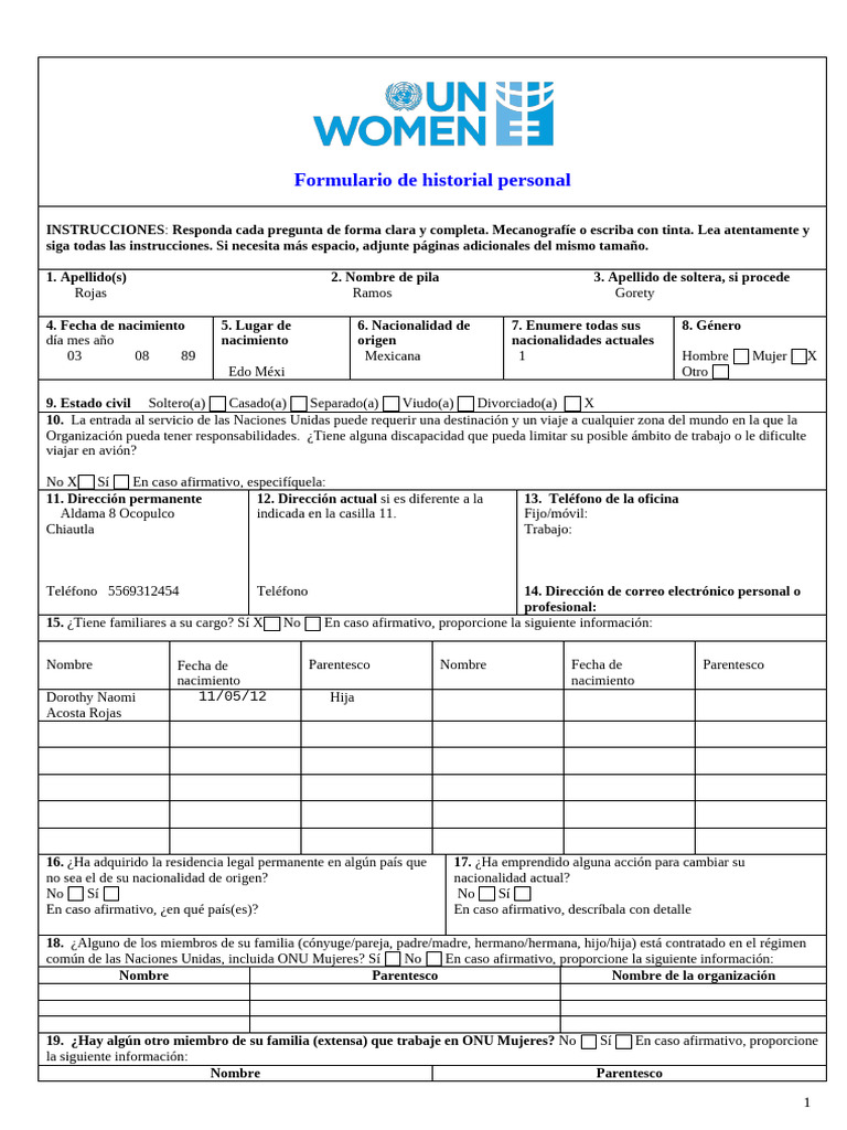 UN Women P11 Personal History Form Es | PDF | Naciones Unidas ...