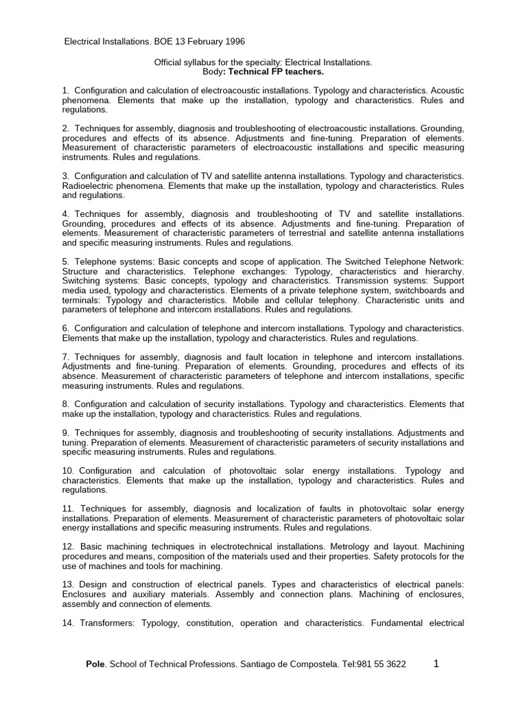 001 Syllabus For Electrotechnical Installations Exams | PDF | Automation | Electric Motor