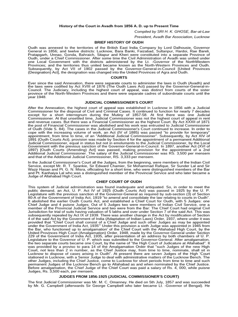 History of The Court in Avadh From 1856 HKGhose | PDF | Lawsuit | Judge