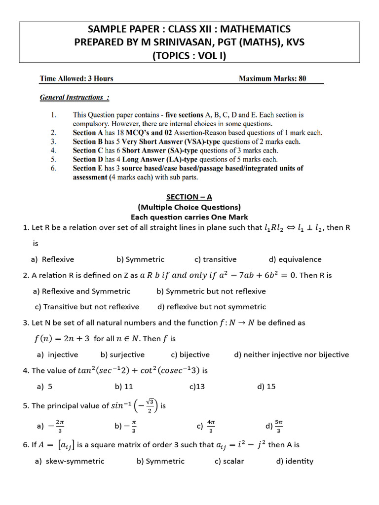 Class Xii Maths Sample Paper 1 - Vol I Topics | PDF | Equations ...