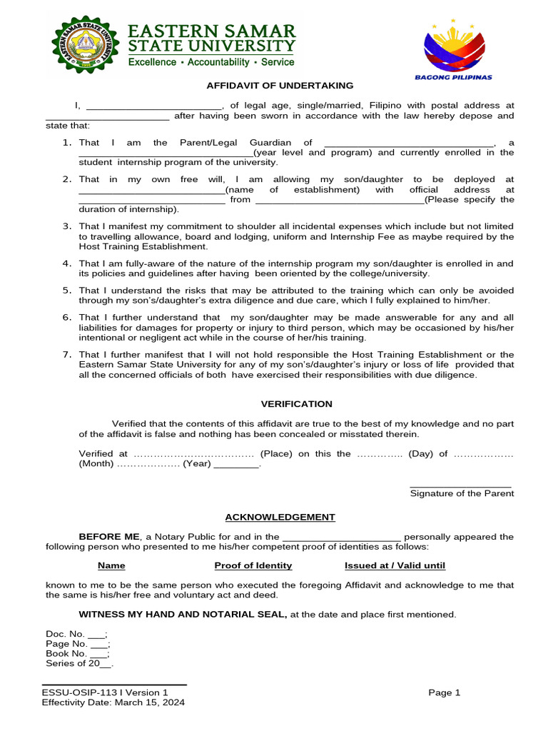 113 Affidavit of Undertaking | PDF | Affidavit | Common Law
