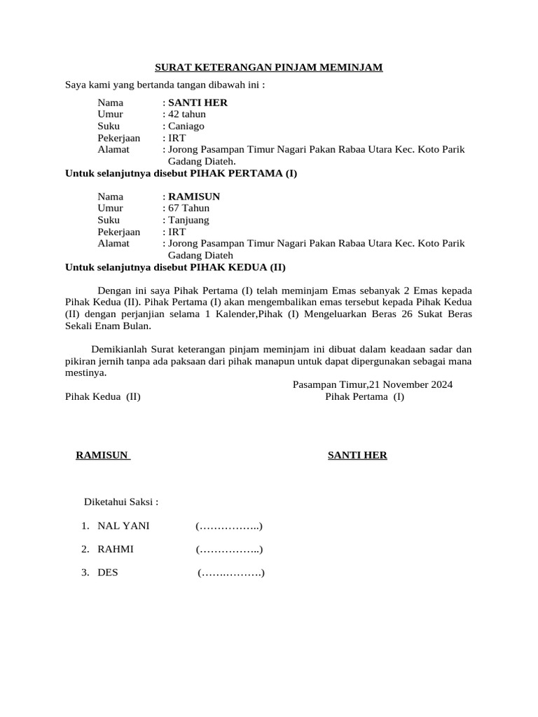 Surat Keterangan Pinjam Meminjam | PDF