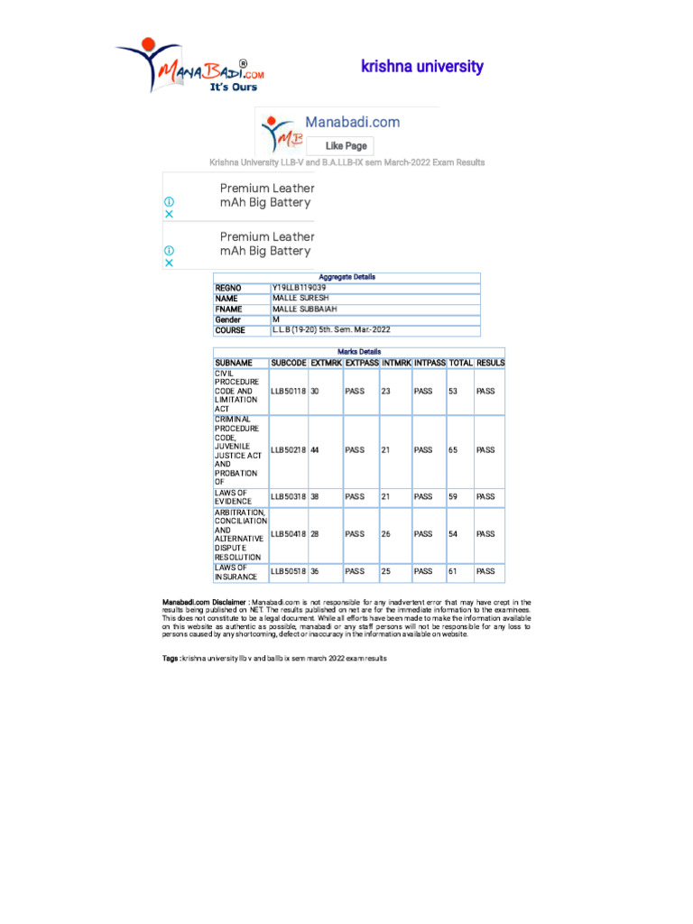 Krishna University LLB V and Ballb Ix Sem March 2022 Exam Results | PDF | Justice | Crime & Violence
