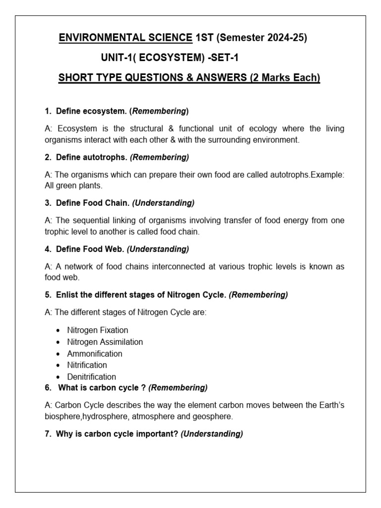 Environmental Science Unit-1 (Set-1) | PDF | Food Web | Ecosystem