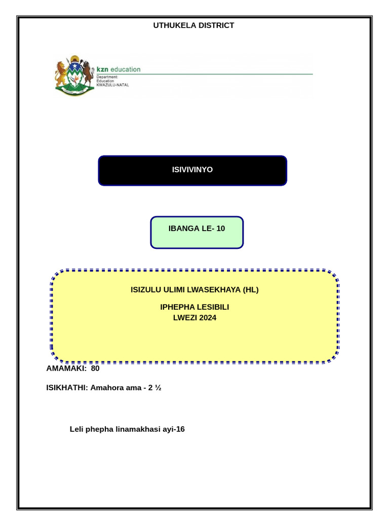 IsiZulu Ulimi Lwasekhaya: Isivivinyo 2024 | PDF