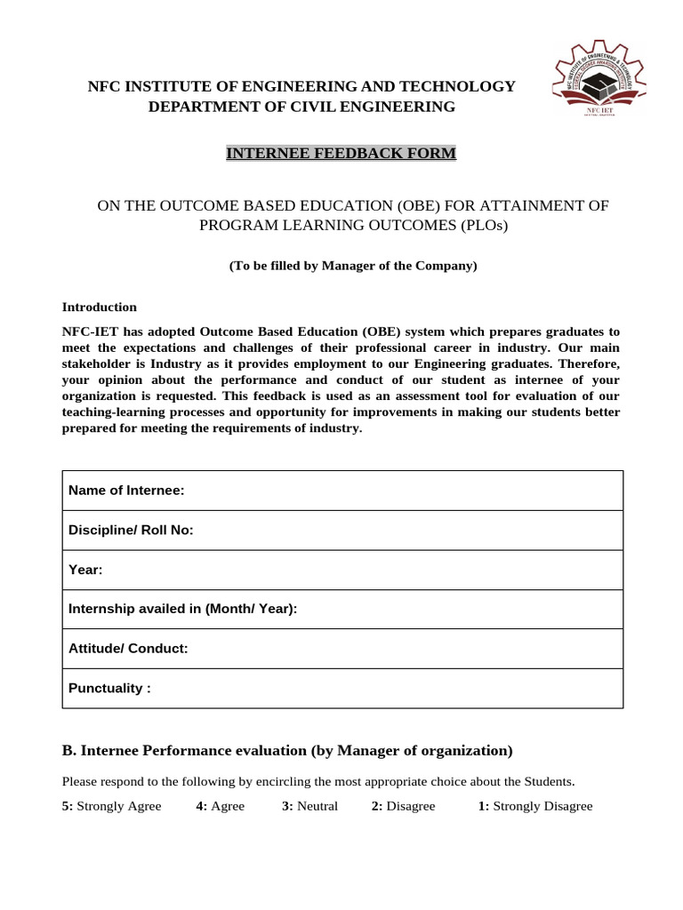 Internship Feedback Form | PDF | Engineering | Evaluation